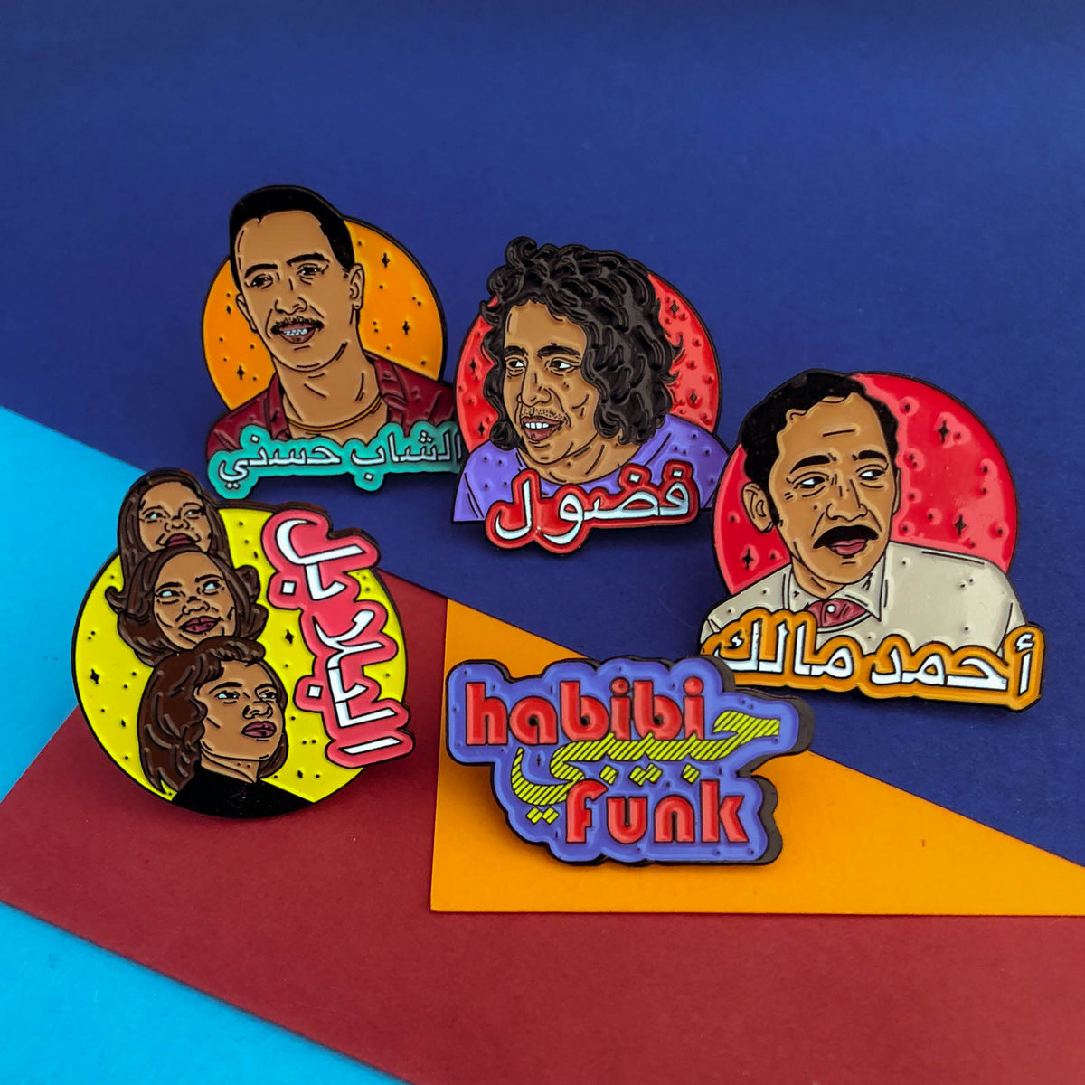 Set of 5 metal pins of Fadoul, Ahmed Malek, Cheb Hasni, Al Balabil and ...