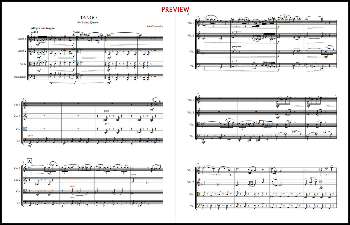 Tango, for String Quartet [SCORE] | Amit Poznansky | Scores