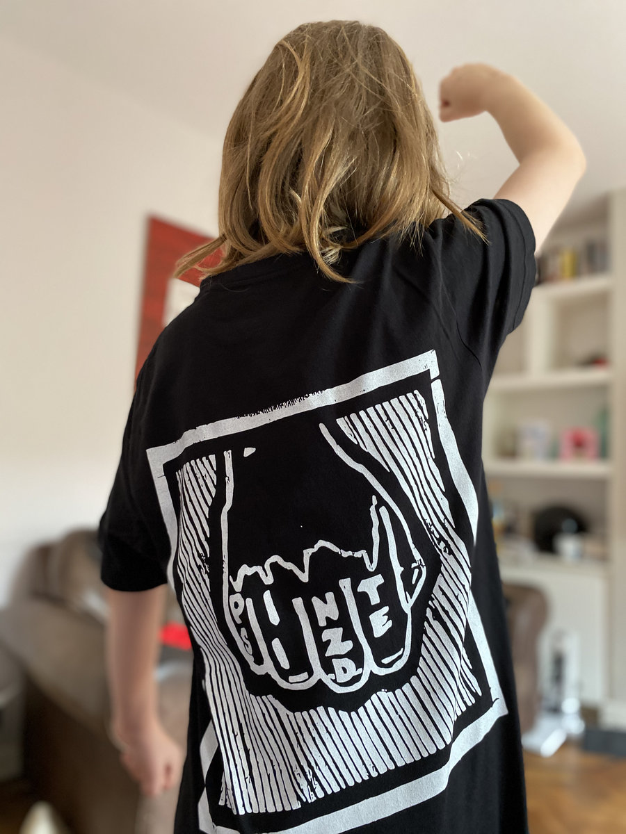 LAST FEW: Fist linocut t-shirt (red or black) | pint-sized punk zine