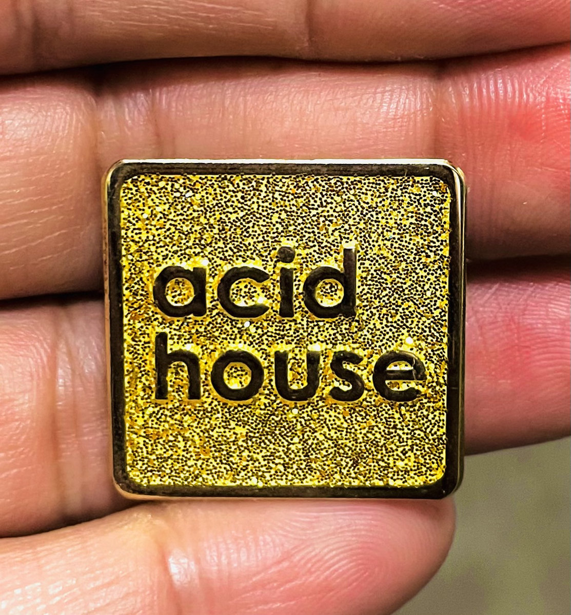 Yellow glitter and gold coloured enamel Acid House badge | Suddi Raval