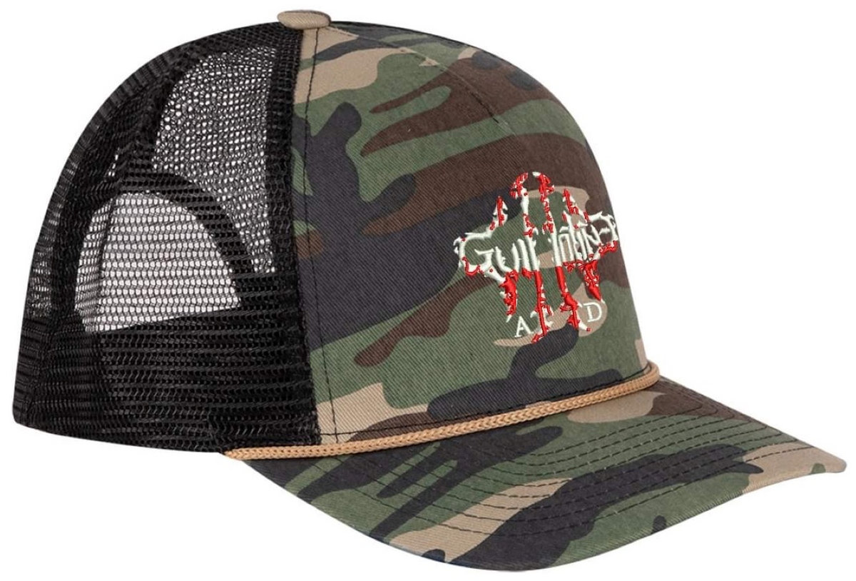 Camo retro rope trucker hat with Guillotine A.D. logo | Guillotine A.D.