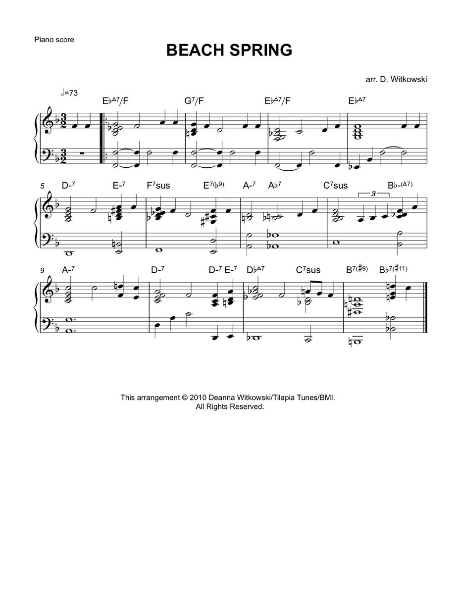 BEACH SPRING ("Even, Only for This Day")- Lead sheet and piano score ...