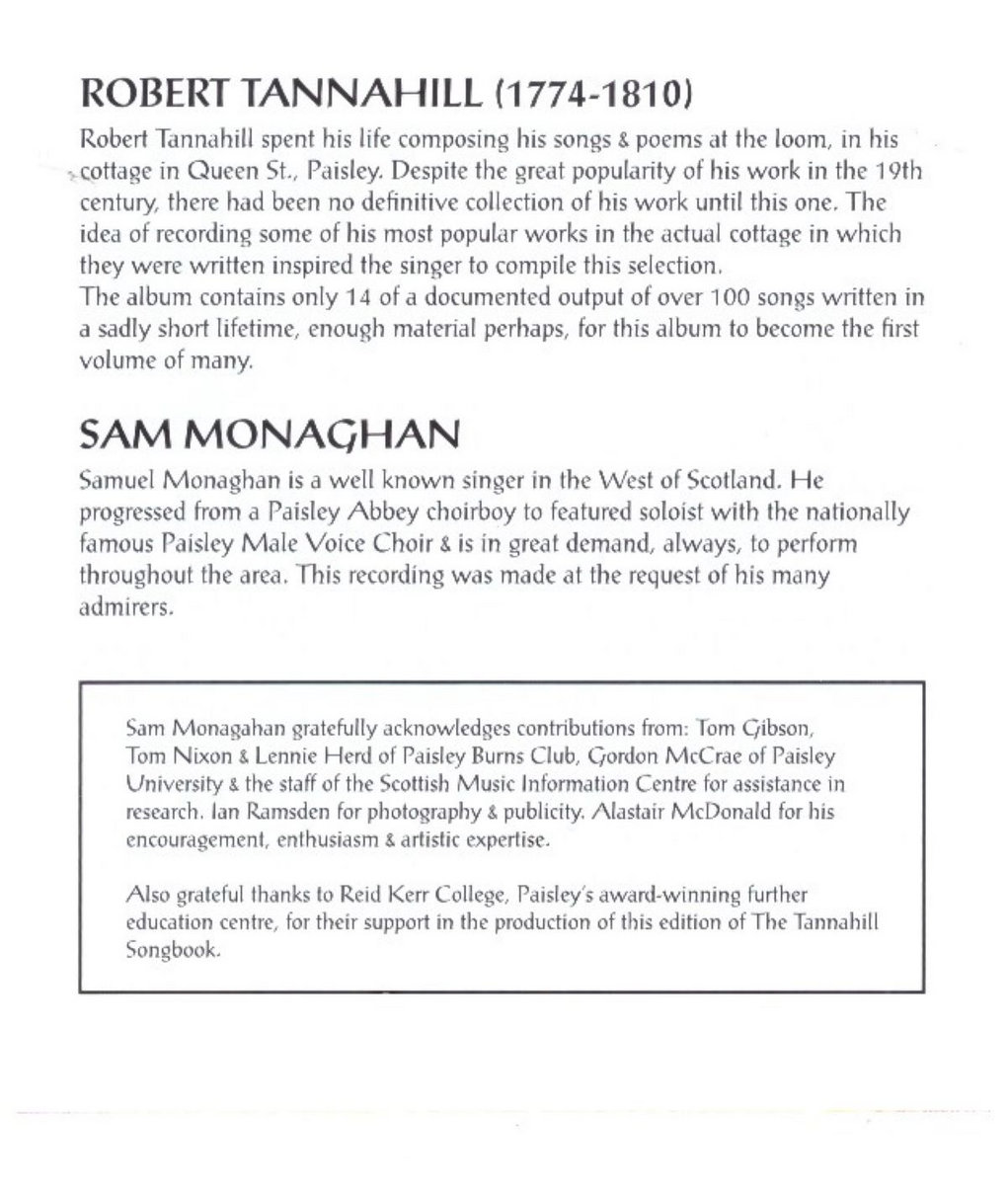 The Robert Tannahill Songbook (CBNCD 028)) | SAM MONAGHAN (and Alastair ...