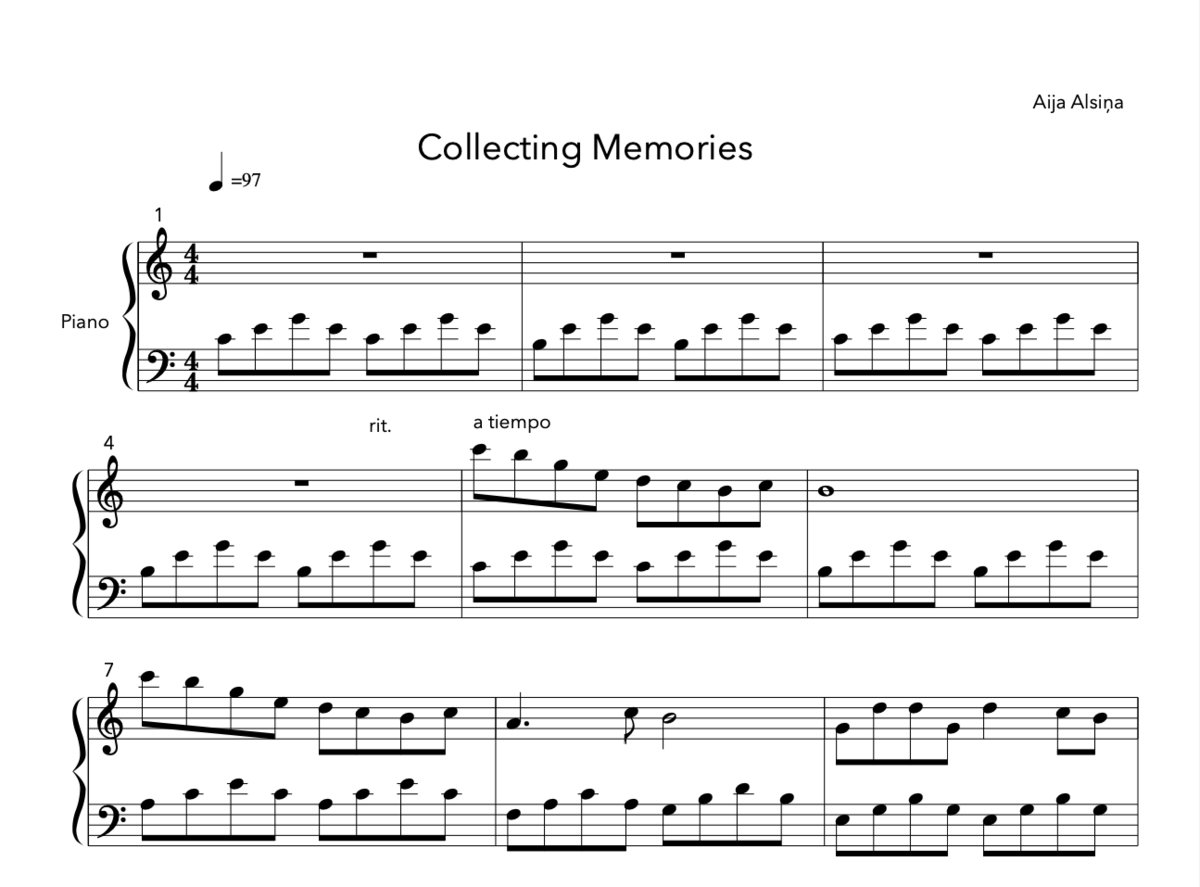 Collecting Memories - Sheet Music Piano Solo + Digital Track | Aija Alsina