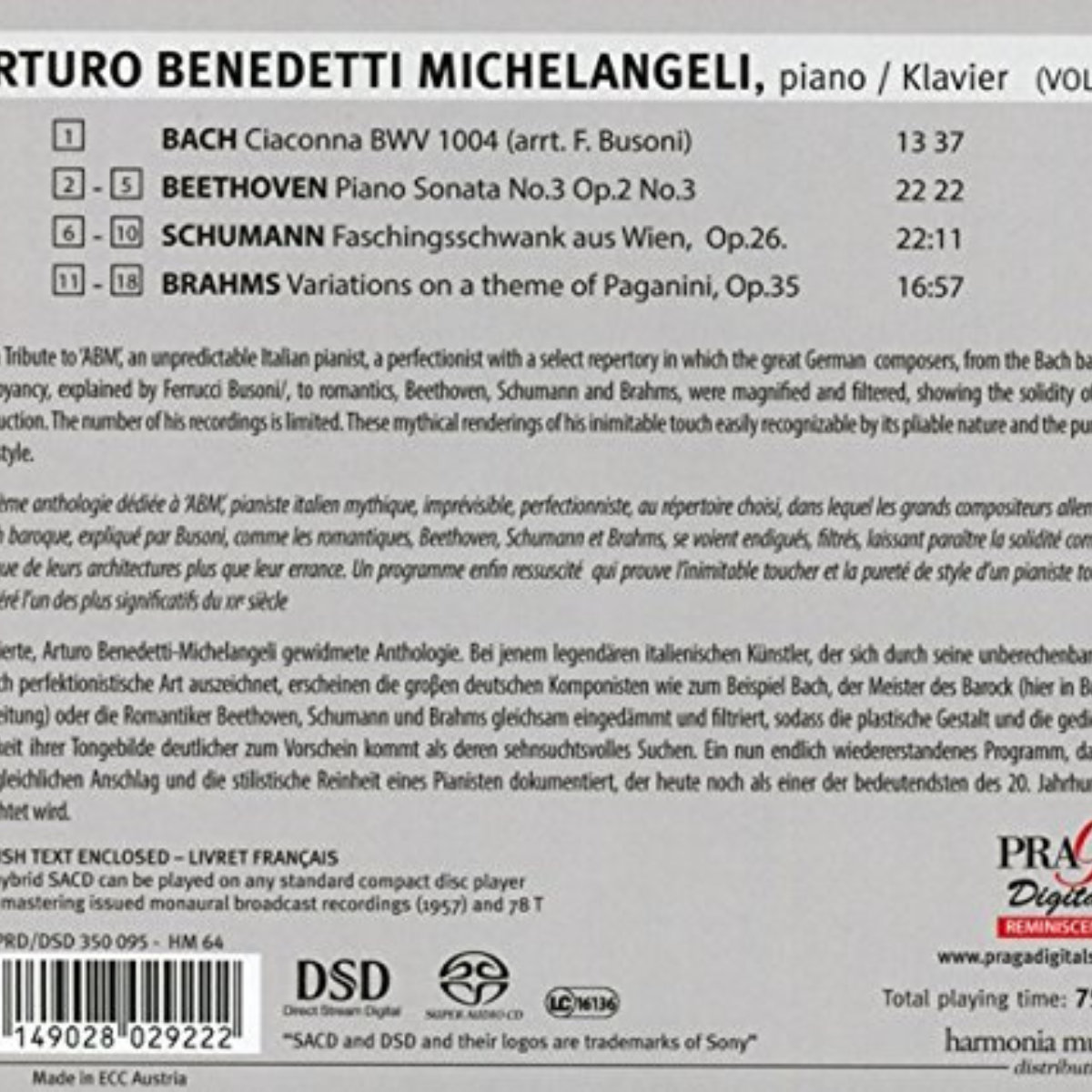 Arturo Benedetti Michelangeli: Bach/Busoni, Beethoven, Schumann, Brahms ...