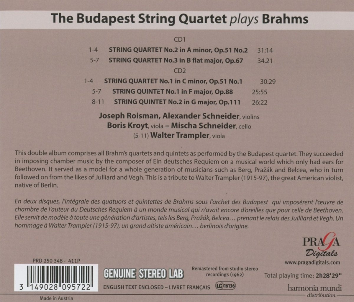 Johannes Brahms: The String Quartets, The String Quintets | The Budapest String Quartet, Walter ...
