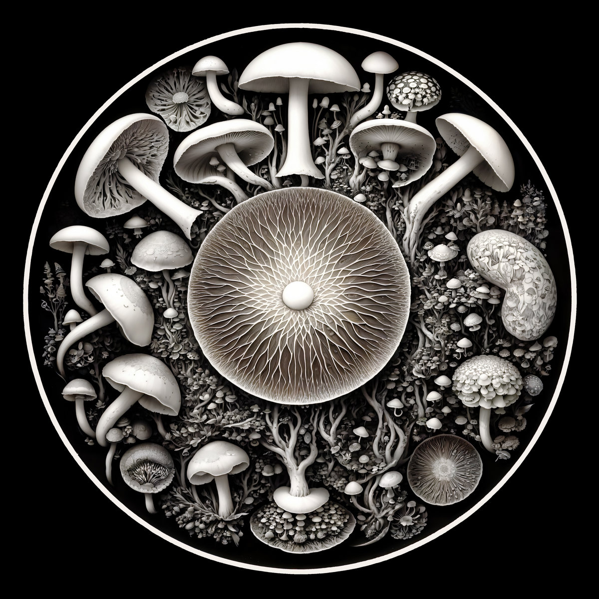 Mystic Mycelium: Black and White Mushroom Mandala Unisex T-Shirt ...