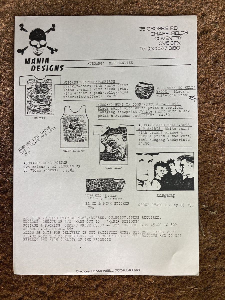 Vintage A4 Ausgang Merch List (circa '85/86) | Ausgang-Kabuki