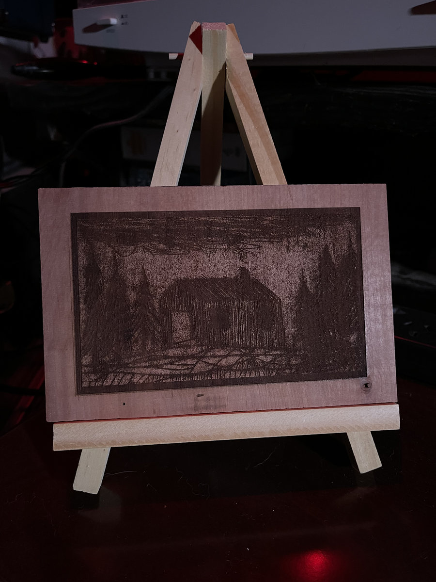 Wood laser etching ‘Forest Cabin’ by Russell Menzies | Striborg