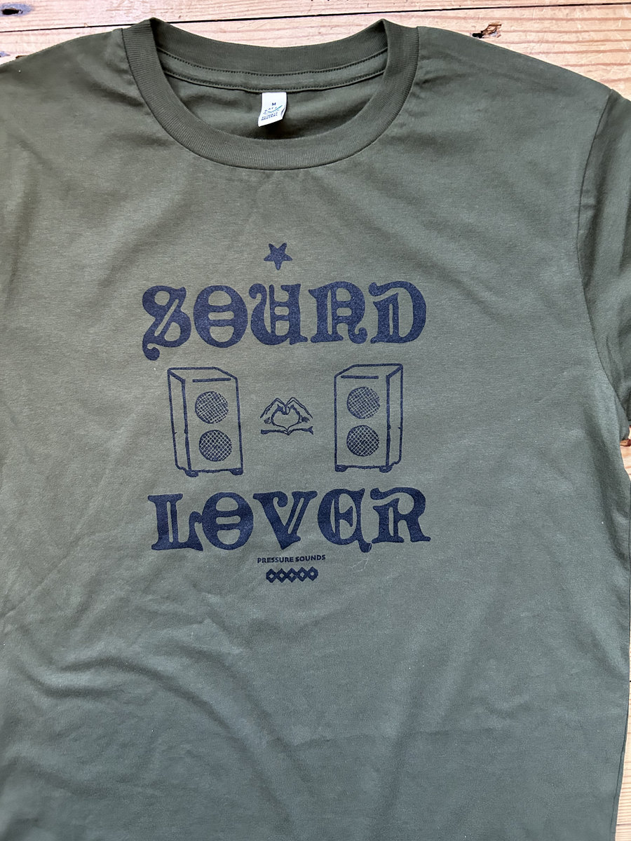 Khaki green Sound Lover t shirt Black print | Pressure Sounds