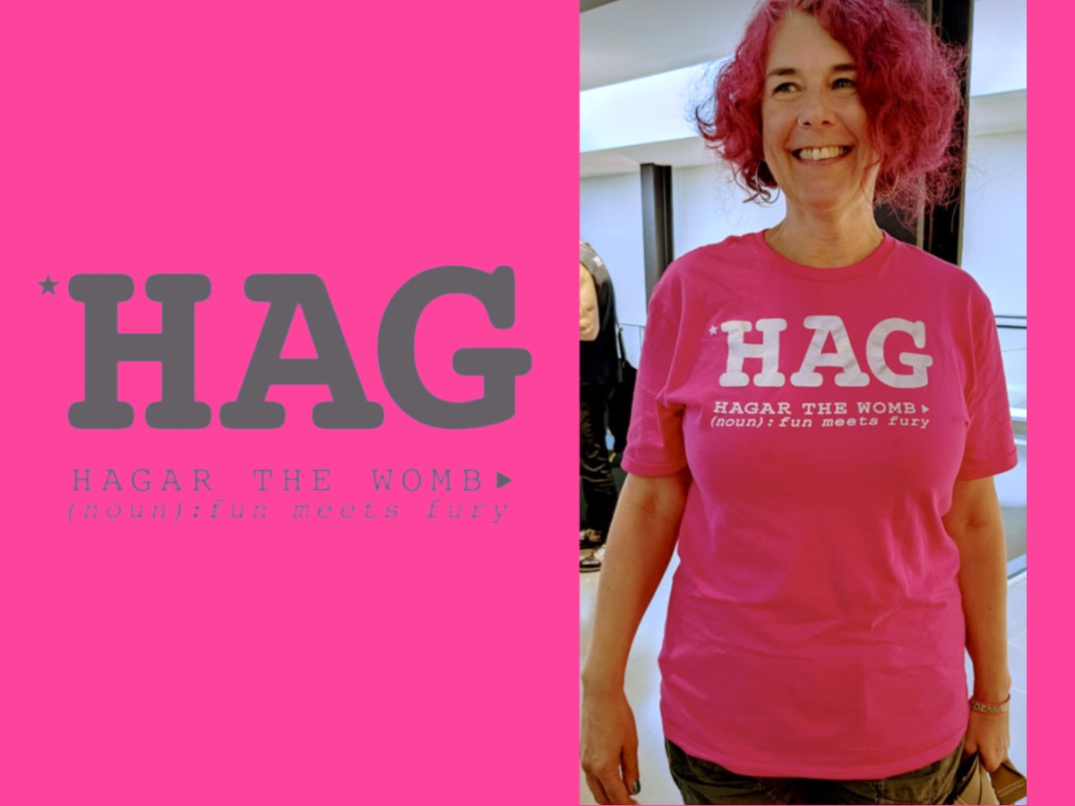 HAG image: silver print on regular fit pink t-shirt | Hagar the Womb