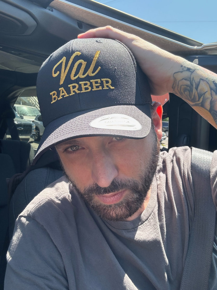 "Val Barber" Embriodered Trucker Hat (gold on black) | Bradley Palermo