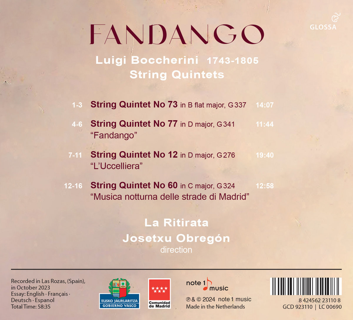 Fandango: Boccherini String Quintets | La Ritirata & Josetxu Obregón