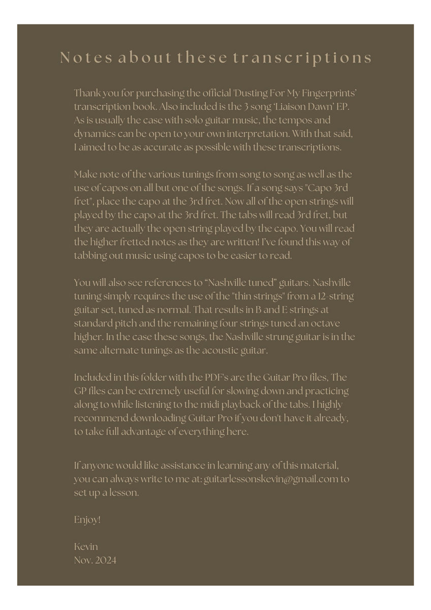 'Dusting For My Fingerprints' + 'Liaison Dawn' The Complete Guitar Transcriptions: (digital PDF ...