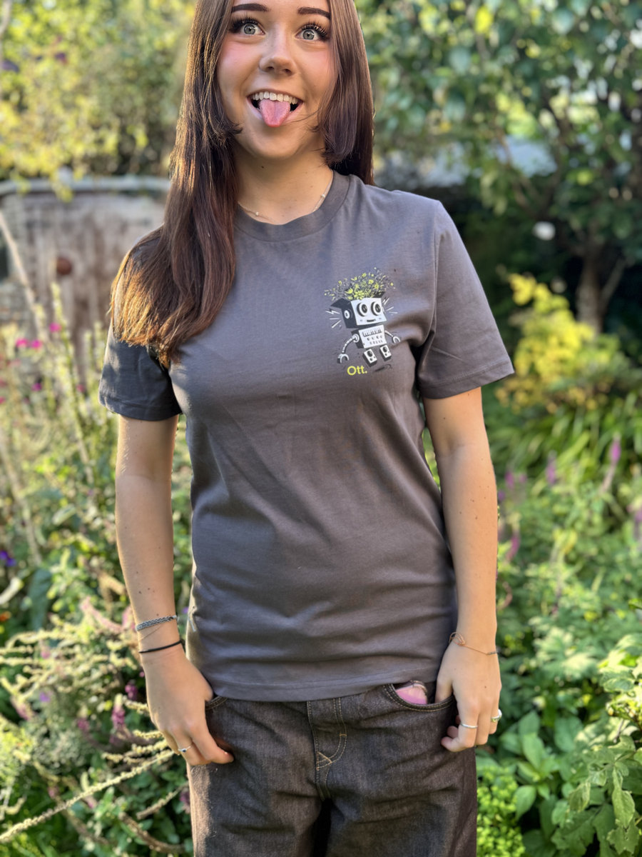 Exploding flower head bot dark grey t-shirt | Ott