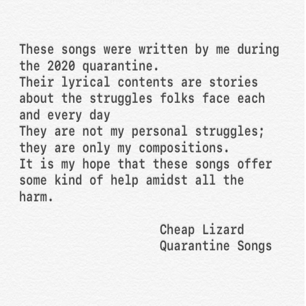 Quarantine Songs | Cheap Lizard
