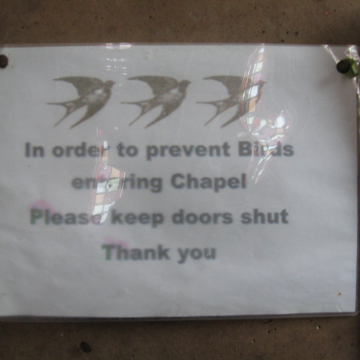 please keep the doors shut so birds dont enter the chapel | orlaith