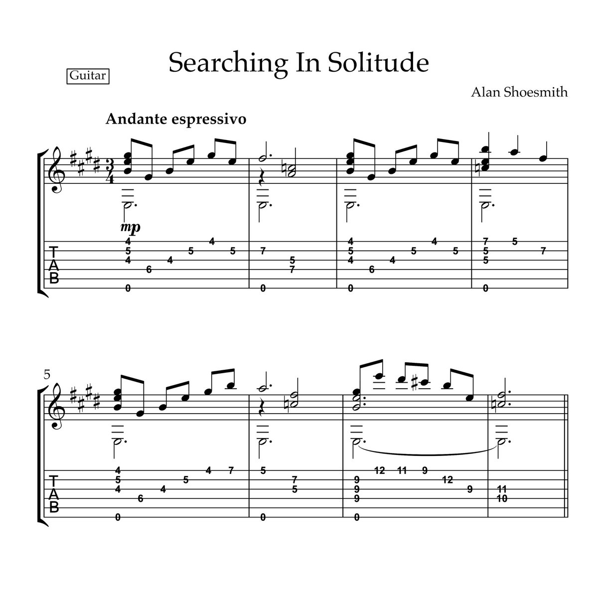 Searching In Solitude-single (audio with sheet music in standard notation and guitar tablature ...
