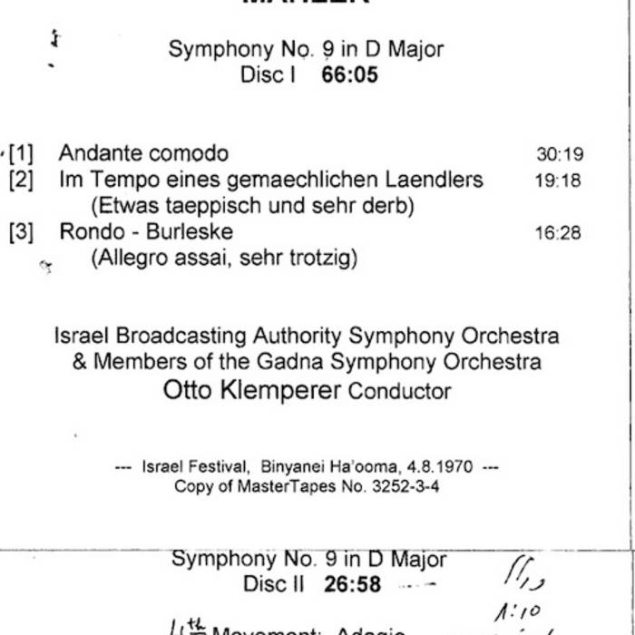 Mahler - Symphony no. 9, Otto Klemperer conducting | Jerusalem Symphony Orchestra