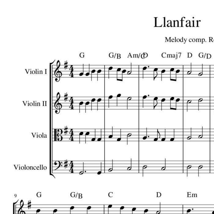 Llanfair - harmony sheet music for Welsh hymn tune - string quartet ...