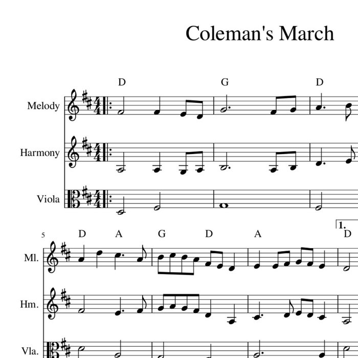 Coleman's March - Slow Oldtime Fiddle Tune Harmony parts for String duo ...