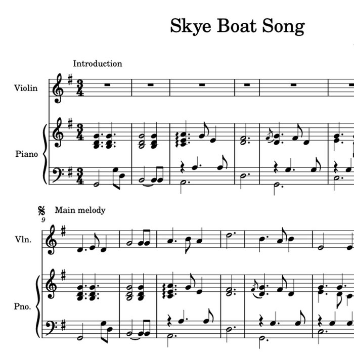 Skye Boat Song folk fiddle and piano duet pdf sheet music + playalong ...