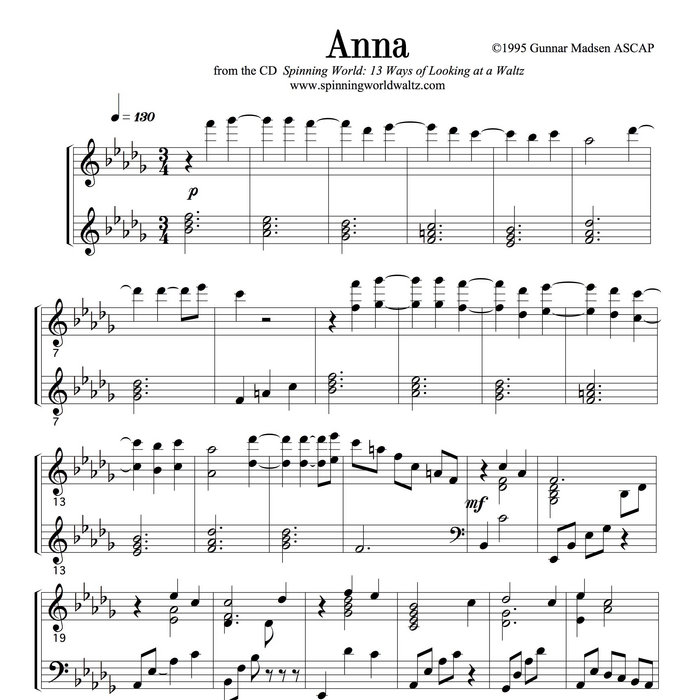 Sheet Music: Anna - Piano Solo | Gunnar Madsen